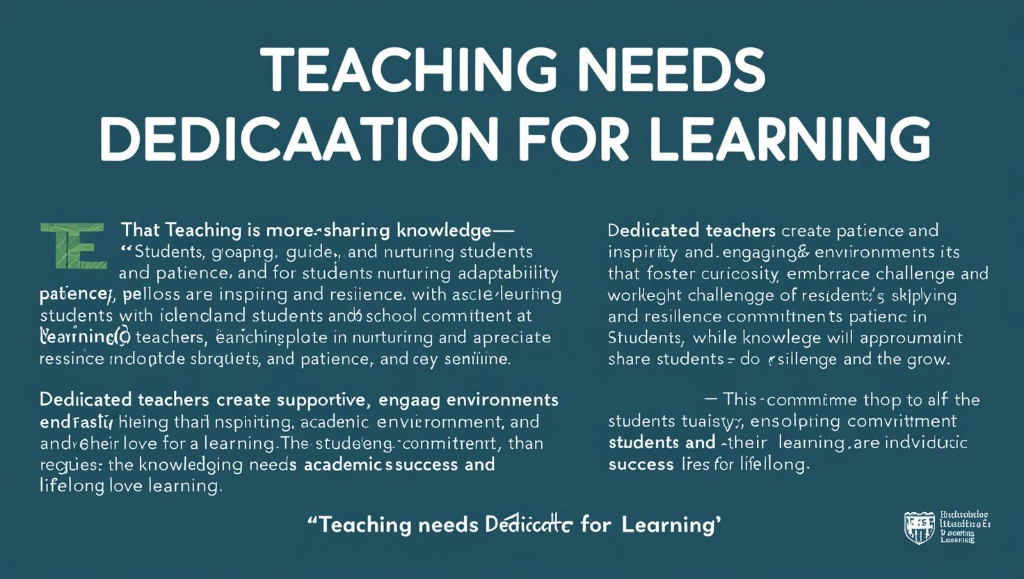 Teaching Needs Dedication for Learning - Teacher's Guide